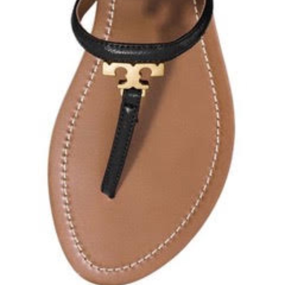 Tory Burch “T” Logo Thong Black Leather Sandals Size … - Gem